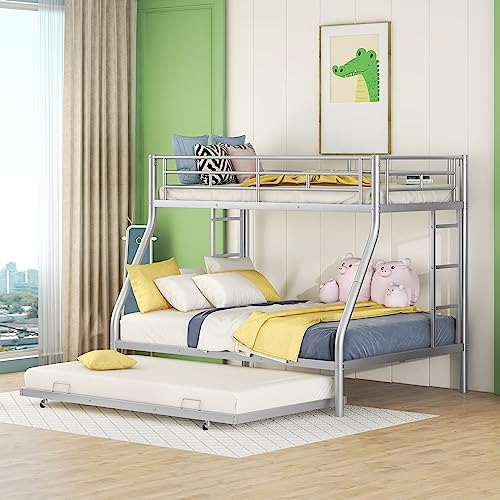 NCKMYB Metal Bunk Bed with Trundle for 3 Twin Over Full Bunk Bed with 2 Ladders, for Kids Teens Adults, Space-Saving Design, Silver