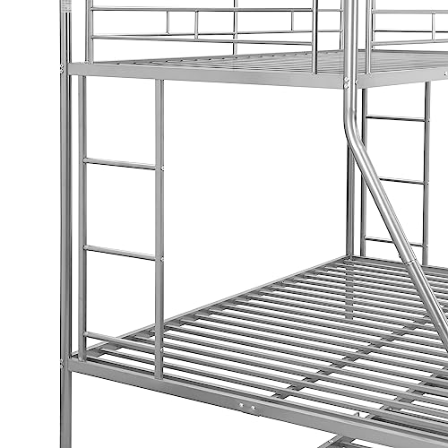 NCKMYB Metal Bunk Bed with Trundle for 3 Twin Over Full Bunk Bed with 2 Ladders, for Kids Teens Adults, Space-Saving Design, Silver