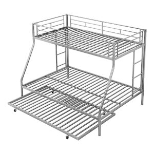 NCKMYB Metal Bunk Bed with Trundle for 3 Twin Over Full Bunk Bed with 2 Ladders, for Kids Teens Adults, Space-Saving Design, Silver