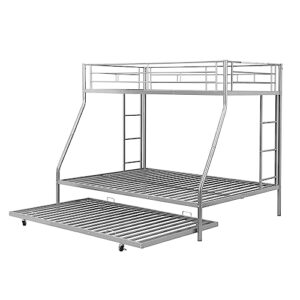 NCKMYB Metal Bunk Bed with Trundle for 3 Twin Over Full Bunk Bed with 2 Ladders, for Kids Teens Adults, Space-Saving Design, Silver