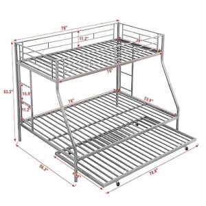 NCKMYB Metal Bunk Bed with Trundle for 3 Twin Over Full Bunk Bed with 2 Ladders, for Kids Teens Adults, Space-Saving Design, Silver