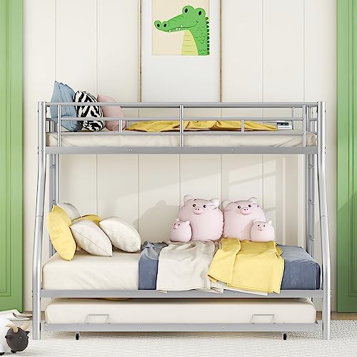 NCKMYB Metal Bunk Bed with Trundle for 3 Twin Over Full Bunk Bed with 2 Ladders, for Kids Teens Adults, Space-Saving Design, Silver