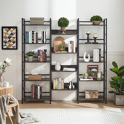 Bookcases and Bookshelves Triple Wide 5 Tiers Industrial Bookshelf, Large Open Bookshelves Display Shelves with Metal Frame for Living Room Bedroom Home Office, Dark Gray