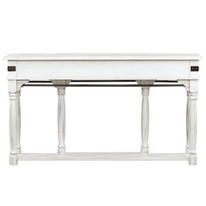 Solid Wood 60" Long Console Table with 3 Storage Drawers and Bottom Shelf, Mediterranean Retro-Style Accent Entryway Sofa Tables for Hallway Living Room, Semi-Open Storage Space (Creamy White-NM)