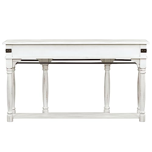 Solid Wood 60" Long Console Table with 3 Storage Drawers and Bottom Shelf, Mediterranean Retro-Style Accent Entryway Sofa Tables for Hallway Living Room, Semi-Open Storage Space (Creamy White-NM)