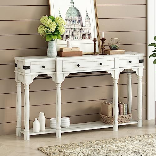 Solid Wood 60" Long Console Table with 3 Storage Drawers and Bottom Shelf, Mediterranean Retro-Style Accent Entryway Sofa Tables for Hallway Living Room, Semi-Open Storage Space (Creamy White-NM)