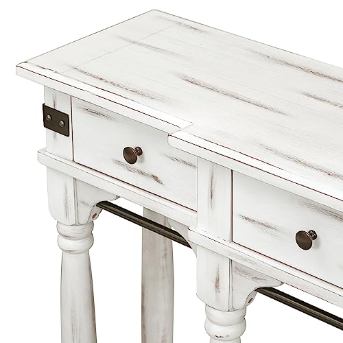 Solid Wood 60" Long Console Table with 3 Storage Drawers and Bottom Shelf, Mediterranean Retro-Style Accent Entryway Sofa Tables for Hallway Living Room, Semi-Open Storage Space (Creamy White-NM)