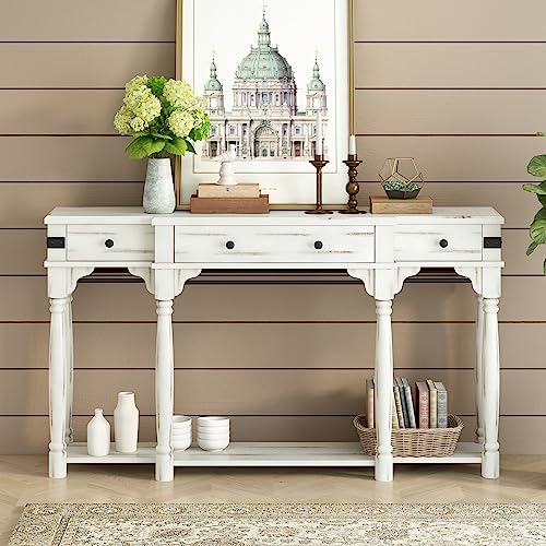 Solid Wood 60" Long Console Table with 3 Storage Drawers and Bottom Shelf, Mediterranean Retro-Style Accent Entryway Sofa Tables for Hallway Living Room, Semi-Open Storage Space (Creamy White-NM)