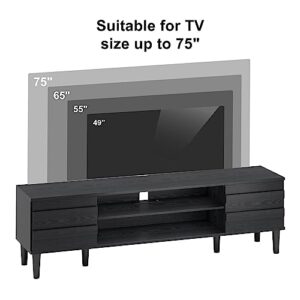 IRONCK TV Stand for 75 inch TV, Mid Century Modern TV Stand with Charging Station and LED Light, TV Console Table, Entertainment Center with Storage for Living Room, Bedroom (68”, Black)