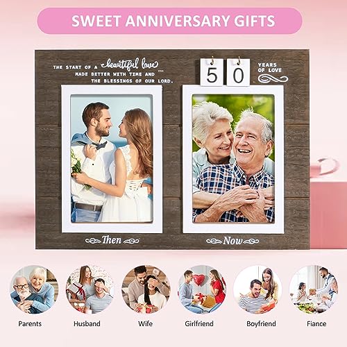 Yakucho Then & Now Anniversary Picture Frame, 1-99 Years Wedding Gift - Anniversary Wood Photo Frame, Engagement Bridal Shower Gifts with Sentimental Quote - Holds 2 4x6 Inches Photos (Then & Now)