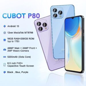 CUBOT P80 Unlocked Cell Phone,16GB RAM+256GB ROM,MT8788 Octa-core Android 13 Mobile Phone,6.58" FHD+ Display,5200mAh 2-Day Battery,48MP+24MP Camera,4G Dual Sim Smartphone with Headphone,NFC (Black)