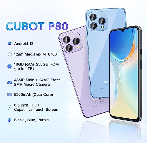 CUBOT P80 Unlocked Cell Phone,16GB RAM+256GB ROM,MT8788 Octa-core Android 13 Mobile Phone,6.58" FHD+ Display,5200mAh 2-Day Battery,48MP+24MP Camera,4G Dual Sim Smartphone with Headphone,NFC (Black)