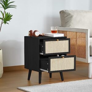 weselon Rattan Nightstand Set of 2, Wood End Tables with Drawers, Bedroom Bedside Table Storage Side Table for Bedroom Living Room (2, Black)