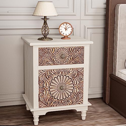 HOMPUS End Table w Flower Pattern, Nightstand w Storage, Small Night Stand w Wood Grain Finish, Accent Table Side Table, Small Cabinet for Living Room, Bedroom, Light Grey Grain