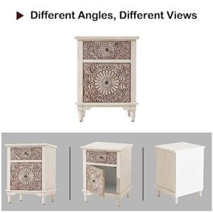 HOMPUS End Table w Flower Pattern, Nightstand w Storage, Small Night Stand w Wood Grain Finish, Accent Table Side Table, Small Cabinet for Living Room, Bedroom, Light Grey Grain