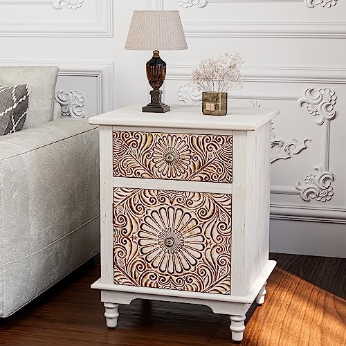 HOMPUS End Table w Flower Pattern, Nightstand w Storage, Small Night Stand w Wood Grain Finish, Accent Table Side Table, Small Cabinet for Living Room, Bedroom, Light Grey Grain