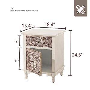 HOMPUS End Table w Flower Pattern, Nightstand w Storage, Small Night Stand w Wood Grain Finish, Accent Table Side Table, Small Cabinet for Living Room, Bedroom, Light Grey Grain