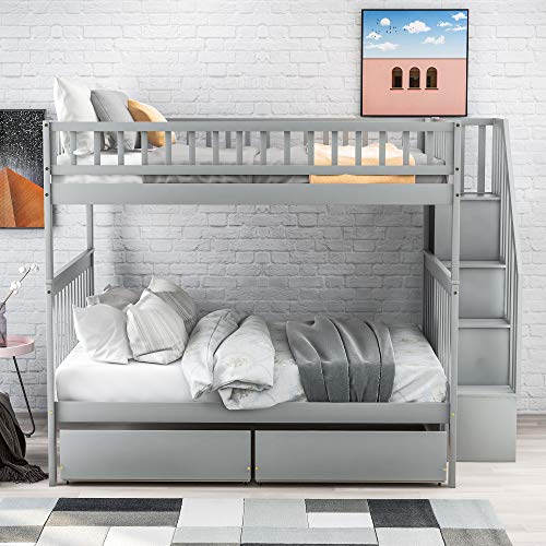 LCH Stairway Twin Over Full Bunk Bed with Storage Staircase & Desk & Bookshelves & Two Drawers, Solid Wood Bedframe w/Safety Guardrail, Perfect for Kids Bedroom,Dorm,Guest Room Furniture, Grey