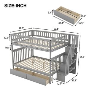 LCH Stairway Twin Over Full Bunk Bed with Storage Staircase & Desk & Bookshelves & Two Drawers, Solid Wood Bedframe w/Safety Guardrail, Perfect for Kids Bedroom,Dorm,Guest Room Furniture, Grey