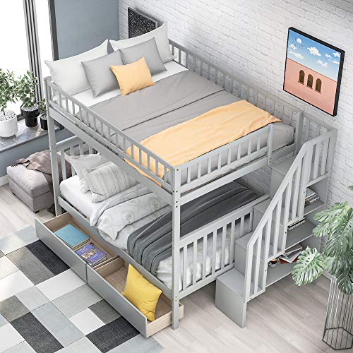 LCH Stairway Twin Over Full Bunk Bed with Storage Staircase & Desk & Bookshelves & Two Drawers, Solid Wood Bedframe w/Safety Guardrail, Perfect for Kids Bedroom,Dorm,Guest Room Furniture, Grey