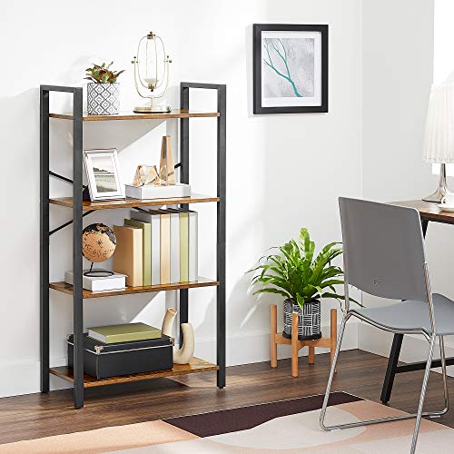 VASAGLE Bookshelf, 4-Tier Shelving Unit, Bookcase, Book Shelf, 11.8 x 25.9 x 47.2 Inches, Rustic Brown + Black & Computer Writing Desk, 55 Inch Office Study Table, Work from Home, with 8 Hooks