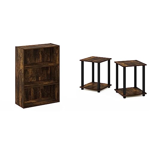 Furinno Pasir 3-Tier Open Shelf Bookcase, Amber Pine & Simplistic Set of 2 End Table, 2-Pack, Amber Pine/Black