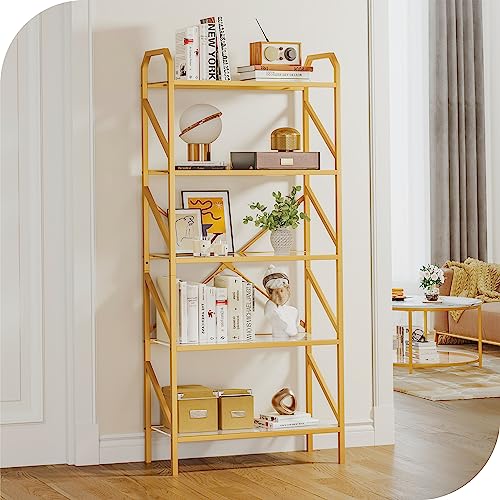 DWVO 5 Tiers Gold Bookshelf, 62" Modern Metal Open Marble Glass Bookcase with Metal Frame, Tall Display Rack Storage Book Shelves, for Living Room, Bedroom, Gold