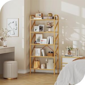 DWVO 5 Tiers Gold Bookshelf, 62" Modern Metal Open Marble Glass Bookcase with Metal Frame, Tall Display Rack Storage Book Shelves, for Living Room, Bedroom, Gold