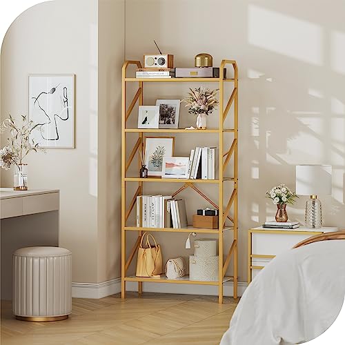 DWVO 5 Tiers Gold Bookshelf, 62" Modern Metal Open Marble Glass Bookcase with Metal Frame, Tall Display Rack Storage Book Shelves, for Living Room, Bedroom, Gold