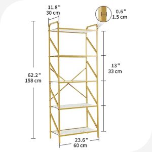 DWVO 5 Tiers Gold Bookshelf, 62" Modern Metal Open Marble Glass Bookcase with Metal Frame, Tall Display Rack Storage Book Shelves, for Living Room, Bedroom, Gold