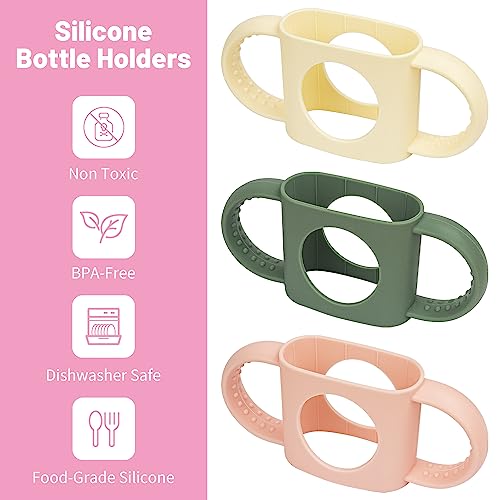 3 Pack Bottle Handles Compatible with Dr Brown Wide-Neck Bottles Non-Slip Easy Grip Handles - BPA-Free Food Grade Silicone Dishwasher Safe - Milk White, Green, Pink