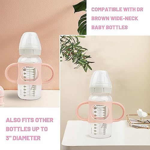 3 Pack Bottle Handles Compatible with Dr Brown Wide-Neck Bottles Non-Slip Easy Grip Handles - BPA-Free Food Grade Silicone Dishwasher Safe - Milk White, Green, Pink