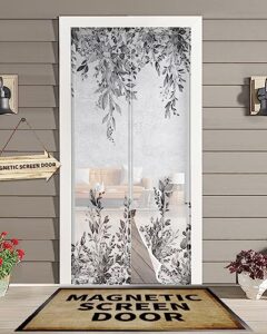 zoe garden grey eucalyptus magnetic screen door for sliding/single/french doors, self sealing magnets patio door screen heavy duty mesh curtain, fall leaves country rustic chic flower