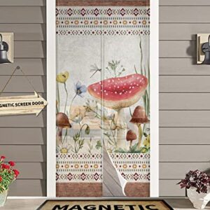 ZOE GARDEN Southwest Mushroom Magnetic Screen Door for Sliding/Single/French Doors, Self Sealing Magnets Patio Door Screen Heavy Duty Mesh Curtain, Brown Country Rustic Flower Plant Leaves