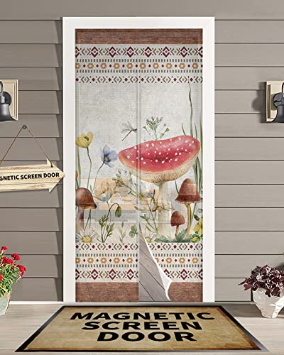 ZOE GARDEN Southwest Mushroom Magnetic Screen Door for Sliding/Single/French Doors, Self Sealing Magnets Patio Door Screen Heavy Duty Mesh Curtain, Brown Country Rustic Flower Plant Leaves