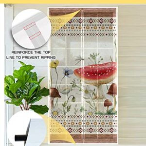 ZOE GARDEN Southwest Mushroom Magnetic Screen Door for Sliding/Single/French Doors, Self Sealing Magnets Patio Door Screen Heavy Duty Mesh Curtain, Brown Country Rustic Flower Plant Leaves