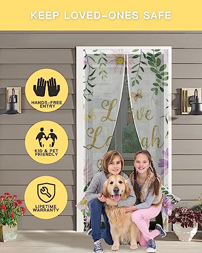 ZOE GARDEN Inspirational Quote Magnetic Screen Door for Sliding/Single/French Doors, Self Sealing Magnets Patio Door Screen Heavy Duty Mesh Curtain, Green Eucalyptus Leaves Elegant Flower