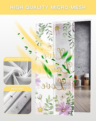 ZOE GARDEN Inspirational Quote Magnetic Screen Door for Sliding/Single/French Doors, Self Sealing Magnets Patio Door Screen Heavy Duty Mesh Curtain, Green Eucalyptus Leaves Elegant Flower