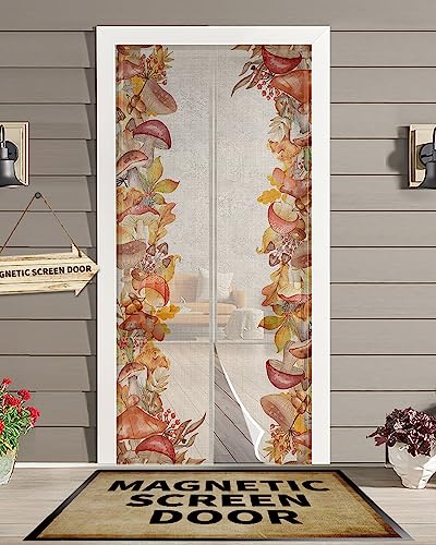 ZOE GARDEN Mushroom Magnetic Screen Door for Sliding/Single/French Doors, Self Sealing Magnets Patio Door Screen Heavy Duty Mesh Curtain, Wild Fall Maple Berry Corn Plant Burlap Autumn