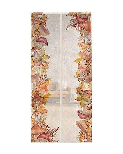 ZOE GARDEN Mushroom Magnetic Screen Door for Sliding/Single/French Doors, Self Sealing Magnets Patio Door Screen Heavy Duty Mesh Curtain, Wild Fall Maple Berry Corn Plant Burlap Autumn