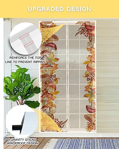 ZOE GARDEN Mushroom Magnetic Screen Door for Sliding/Single/French Doors, Self Sealing Magnets Patio Door Screen Heavy Duty Mesh Curtain, Wild Fall Maple Berry Corn Plant Burlap Autumn