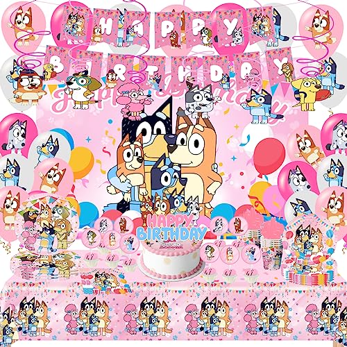 Bluey Birthday Balloons Sets, Dog Cartoon Pink Themed Balloons Decoration Sets Children's Birthday Party Supplies Cutlery Sets