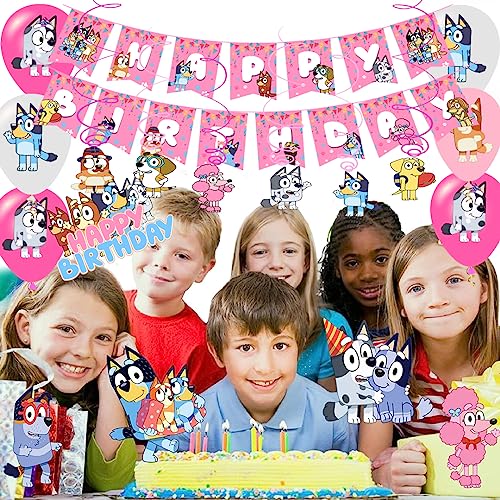 Bluey Birthday Balloons Sets, Dog Cartoon Pink Themed Balloons Decoration Sets Children's Birthday Party Supplies Cutlery Sets