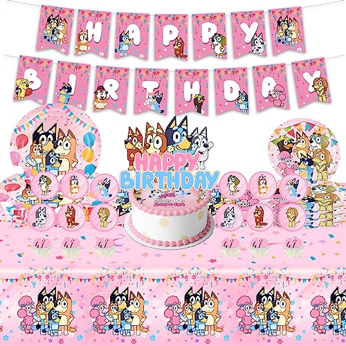 Bluey Birthday Balloons Sets, Dog Cartoon Pink Themed Balloons Decoration Sets Children's Birthday Party Supplies Cutlery Sets