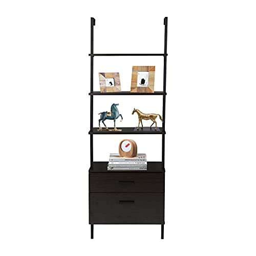 9zH&K 3 Tiers Ladder Bookshelf with Wide Storage Cabinet, Industrial Rustic Brown Wall-Mounted Bookcase Open Display Rack Storage Shelves for Living Room, Bedroom, 23.62"x11.81"x70.87"(LxWxH)