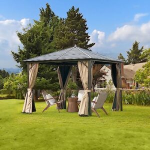 domi 10’ x 10’ hardtop gazebo canopy outdoor aluminum gazebo, galvanized steel single roof with curtains and netting for deck, backyard, patio, garden