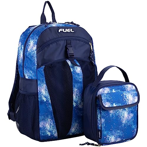 FUEL Backpack with Lunch Box Combo – 18” Two Compartment Water Resistant Durable Adjustable Straps with Side Water Bottle Pockets 2 in 1 Set - Light Blue Galaxy