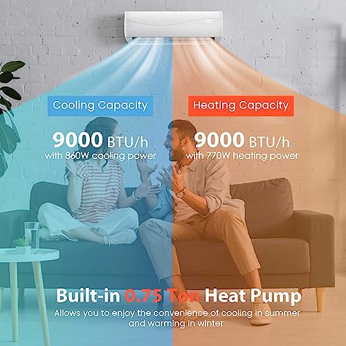 COSTWAY 9000BTU Split Air Conditioner & Heater, 17 SEER2 208V-230V Energy Efficient Wall Mount AC Unit w/Heat Pump, Inverter System, Remote Control & Installation Kit, Cools Rooms up to 450 Sq. Ft.