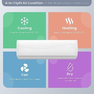 COSTWAY 9000BTU Split Air Conditioner & Heater, 17 SEER2 208V-230V Energy Efficient Wall Mount AC Unit w/Heat Pump, Inverter System, Remote Control & Installation Kit, Cools Rooms up to 450 Sq. Ft.