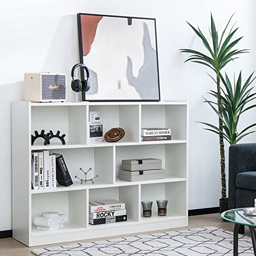 GOFLAME 8 Cube Storage Shelf Organizer, 3-Tier Wooden Open Bookshelf, Cabinet Table, Freestanding Book Storage Shelves with Compartments for Living Room (White)